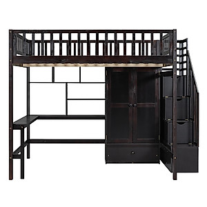 Full Size Loft Bed with Desk, Wardrobe, High Loft Bed Frame with Storage Staircases, Drawer Solid Wood Loft Beds for Kids, Boys and Girls,Teens, No Box Spring Needed (Espresso)