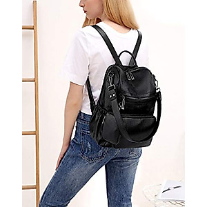 UTO Women Backpack Purse Leather Vegan Convertible Ladies Rucksack Zipper Pocket Shoulder Bag with Detachable Pouch Black