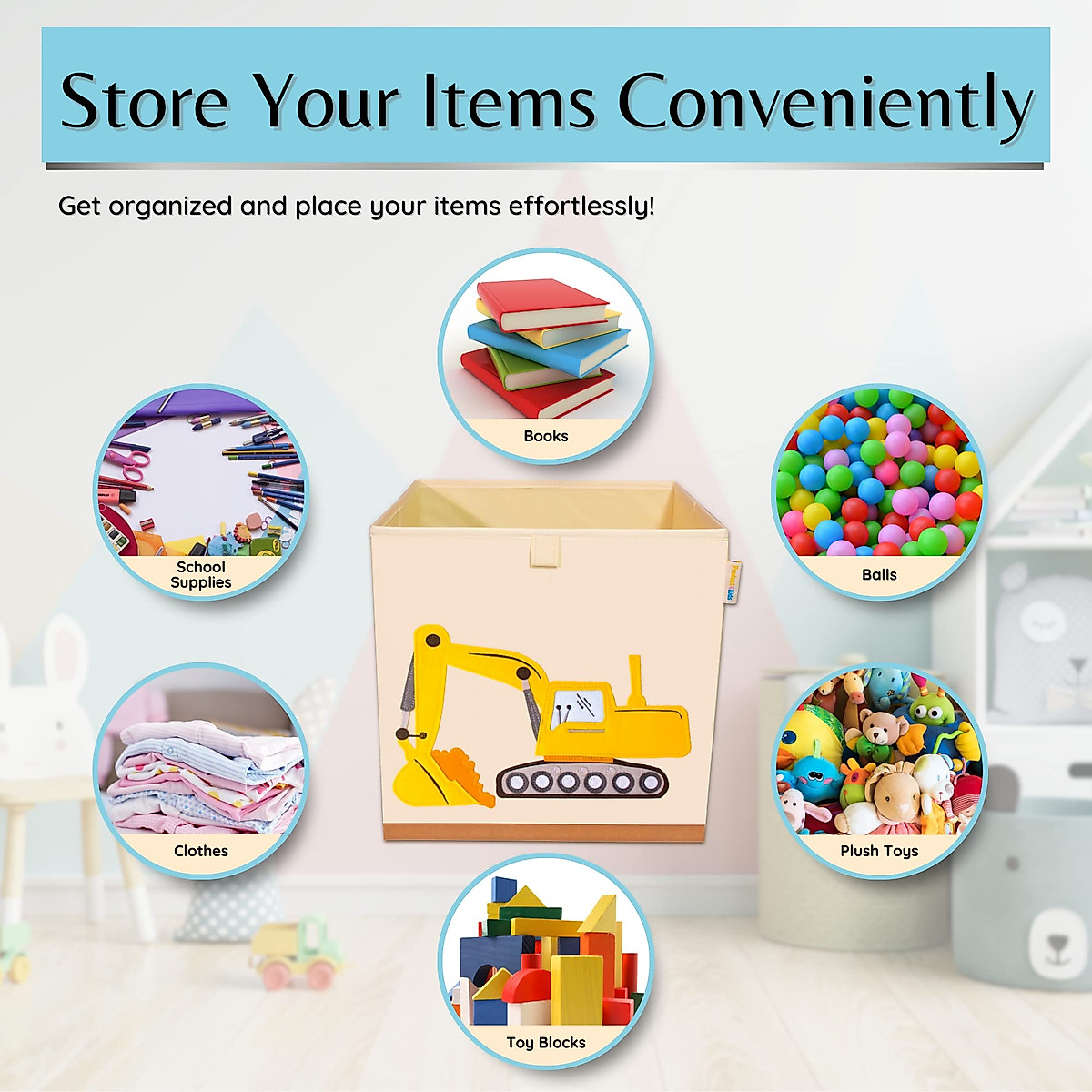 Product 4 Kids - Washable Toy Box Storage Cube, Canvas Toy Chest Organizer Foldable Kids Toy Storage Organizers for Child's Bedroom or Playroom -13x13x13 Inch (Excavator+ Helicopter)