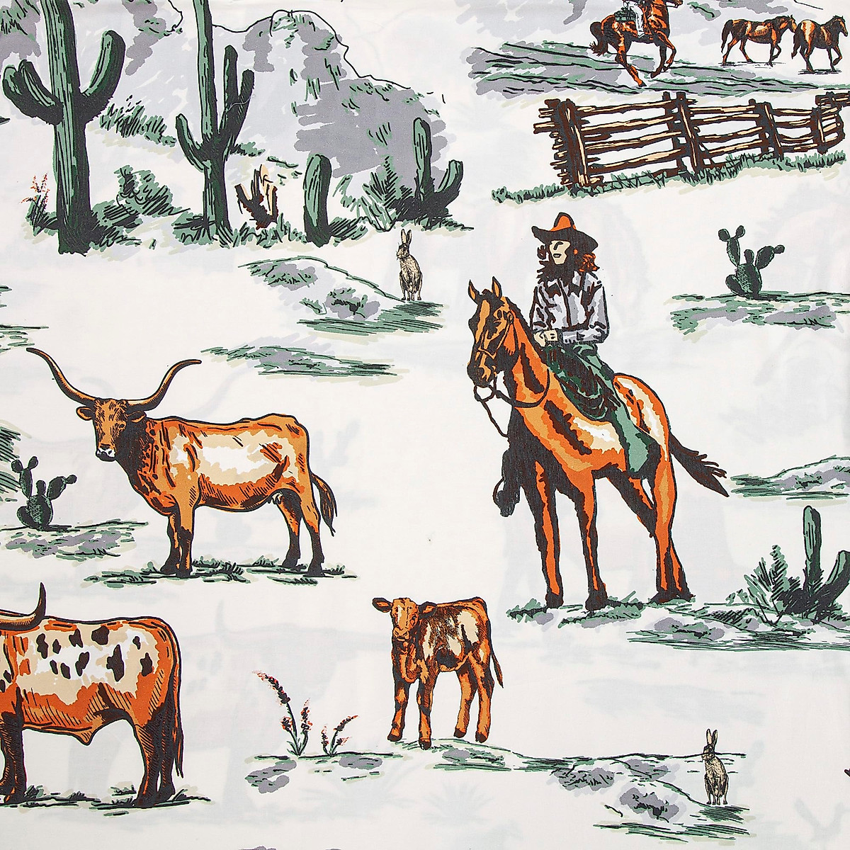 Paseo Road by HiEnd Accents Ranch Life Western Bedding 3 Piece Queen Duvet Cover Set, Cotton Cowboy Longhorn Horse Print Western Bed Set, Rustic Southwestern Comforter Cover Set with Pillow Shams