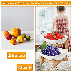 ERFEI Fruit Bowl Oval Ceramic Bowls with Wood Rack Tied Serving Tray Food Display Stand Bowl for Kitchen Counter, Home, Parties (2 tier)