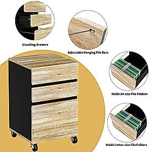 YITAHOME 3 Drawer Mobile File Cabinet, Wood Filing Cabinet for Home Office Fits A4 or Letter Size, Under Desk Rolling Storage Cabinet with Wheels, Oak
