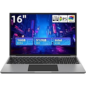 jumper Laptop, 16GB RAM 512GB SSD, Quad-Core Intel N100 Processor, 16" FHD IPS Screen(1920x1200), Laptops Computer with 4 Stereo Speakers, Dual-Band WiFi, Cooling System, 38WH Battery,Gray.