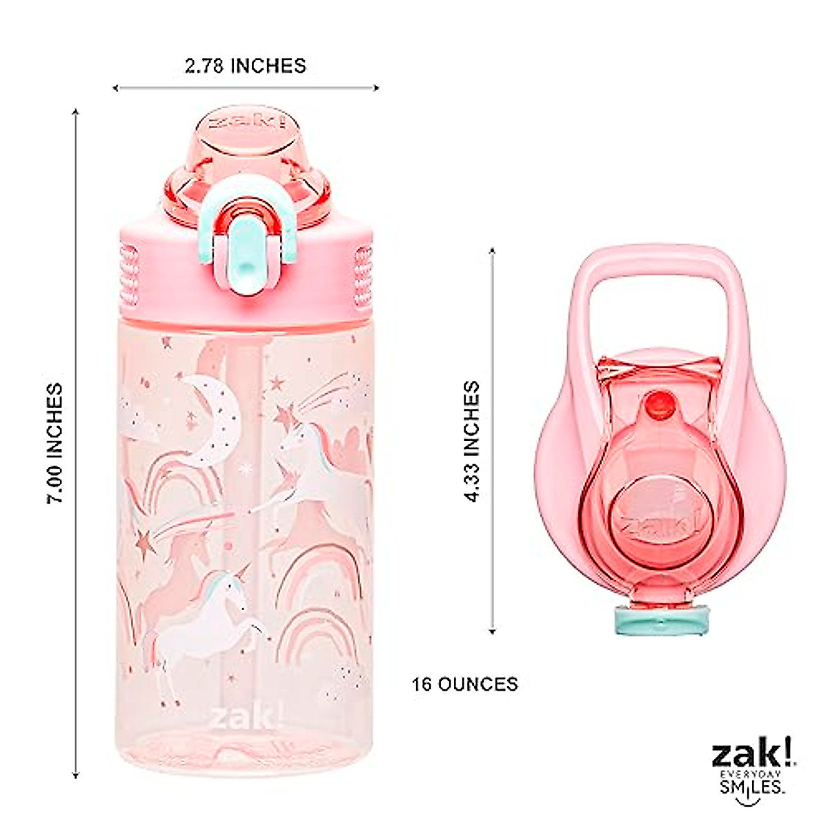 Zak Designs Sage Water Bottle For School or Travel, 16oz Durable Plastic Water Bottle With Straw, Handle, and Leak-Proof, Pop-Up Spout Cover (Fanciful Unicorn)