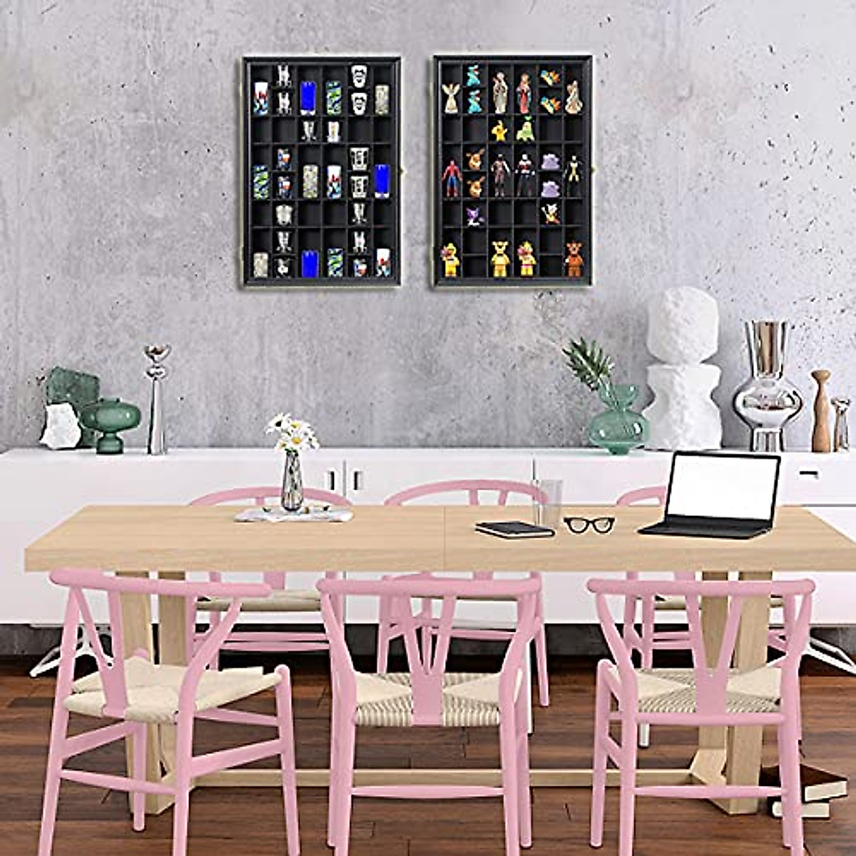 Shot Glass Display Case Large Wooden Cabinet Rack Holder Wall Mounted Black Shadow Box Lockable with UV Protection Acrylic Glass Door Shot Glass Storage Case with Removable Shelves, 17"x32", 52 Slots