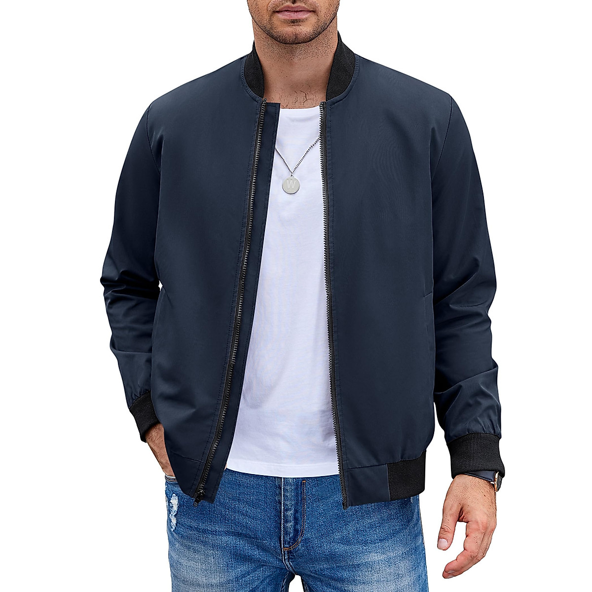 COOFANDY Men's Lightweight Bomber Jacket Fashion Windbreaker Fall Winter Front Zip Jackets Navy Blue L