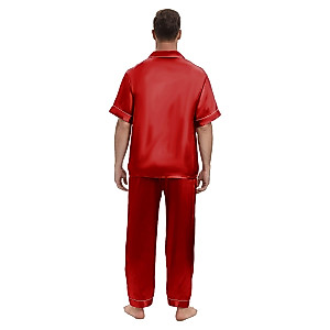 AUECK Mens Satin Pajamas Set Short Sleeve Button Down Sleepwear Soft 2 Piece Silk Loungewear with Pockets(Red,XX-Large)