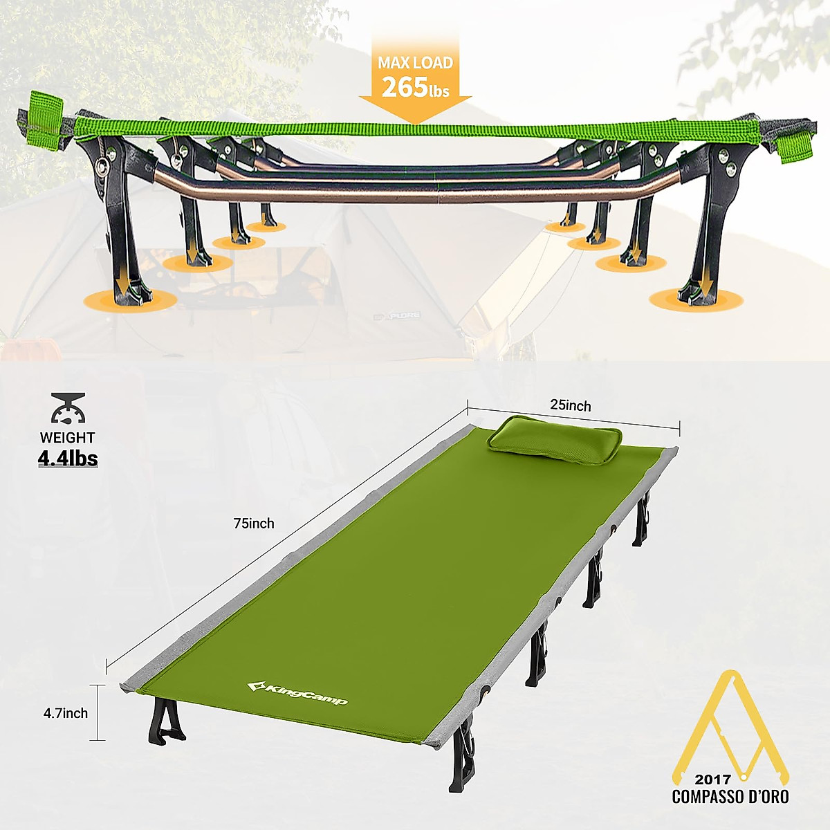 KingCamp Camping Cot, Folding Portable Heavy Duty Ultralight Cots for Adults Camping Tent Hiking Backpacking Mountaineering Travel Indoor Outdoor Indoor Base Camp with Pillow, Support 265 Lbs.