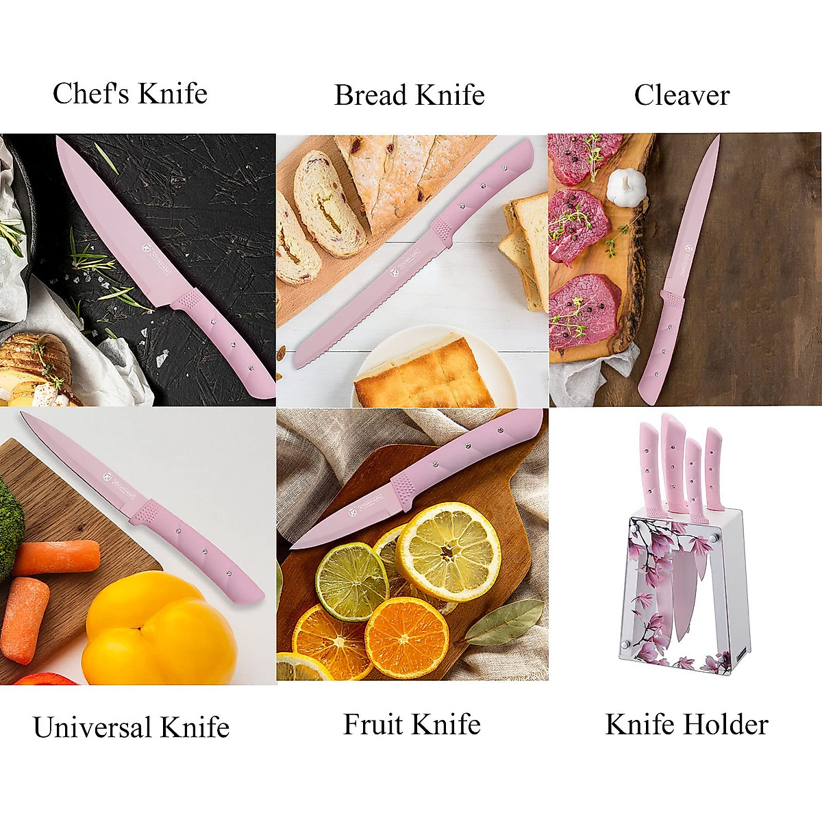 Chef Knife Set, 6 Pieces Stainless Steel Professional Kitchen Knife Set with Acrylic Stand for Cooking, Lightweight Strong Anti-Slip Pink Knives Set Kitchen Gifts for Women (Pink) One Size