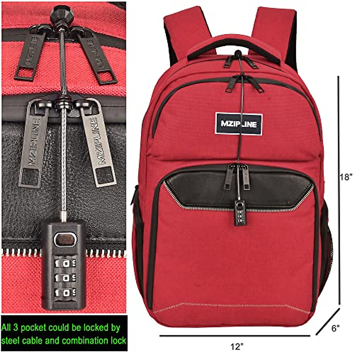 MZIPLINE Travel Backpack-Smell Proof-Scent Proof Daypack Bookbag for School Laptop Women (Heather Red)