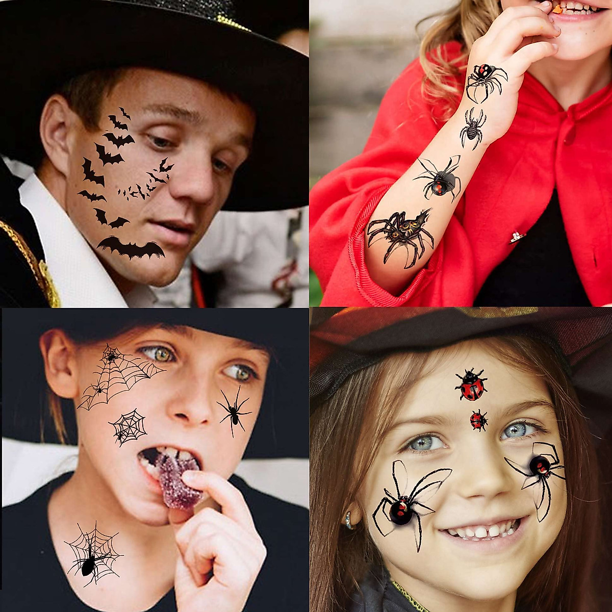 Yezunir 88+ Styles 18 Sheets 3D Halloween Temporary Tattoos For Kids Realistic Spider Web Bat Witch Pumpkin Fake Scars Tattoos Sticker Zombie Halloween Makeup Kit Women Men Adults Face Stitches Wound