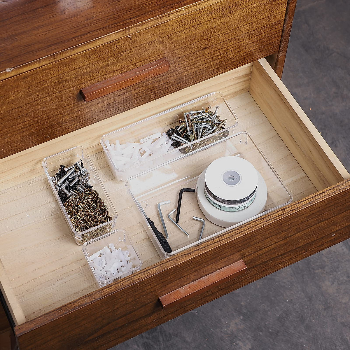 7 PCS Plastic Clear Drawer Organizer Set, 4 Sizes Desk Office Drawer Organizing Trays and Divider,Storage Bins for Makeup,Snack,Jewelry,Kitchen,Bedroom, Bathroom vanity Accessories Containers