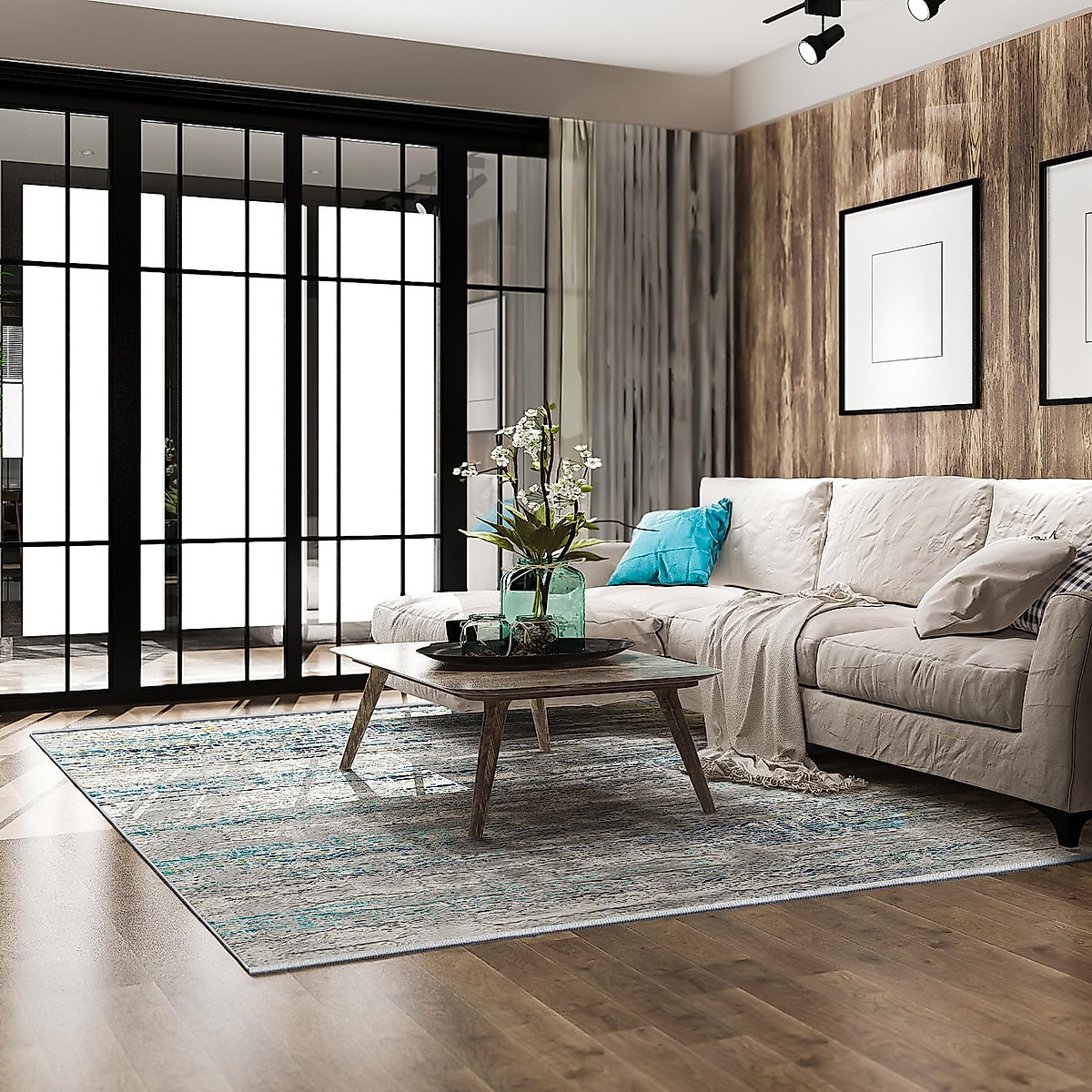 Area Rugs for Living Room, Vintage Washable Rug with Non-Slip Low-Pile Traditional Rugs Foldable Accent Distressed Rug Indoor Rug for Bedroom Dining Room Dorm Home Office (Beige Green Blue, 5' x 7')