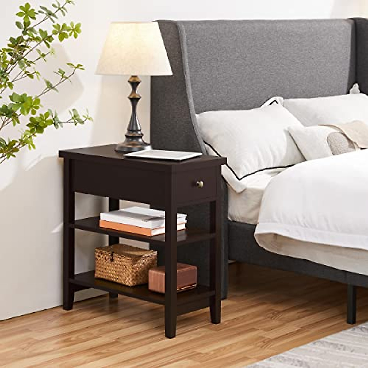 Yaheetech 3-Tier Narrow Side Table with Drawer and Storage Shelves, Small End Table Bedside Cabinet for Living Room Bedroom Small Space Hallway Corner, 24″ L × 12″ W × 24.5″ H, Espresso