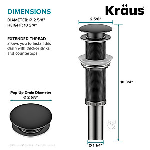Kraus PU-L10MB Bathroom Pop-Up Drain Assembly for Vessel Sinks Without Overflow, with Extended Thread for Thicker Countertops, 10 3/4 Inch, Matte Black