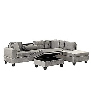 Eafurn L Shaped Sectional Reversible Chaise and Drop Down Table & Cupholders, Upholstery Corner Storage Ottoman, Tufted Convertible Sofa & Couch for Living Room Furniture Set, Gray 104.5"