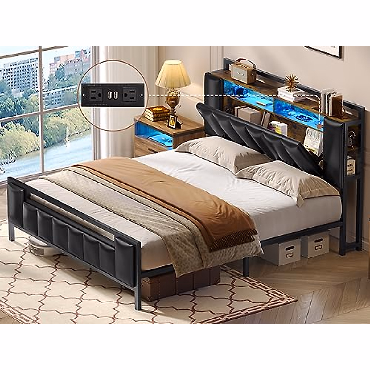 AOGLLATI Full Bed Frame with Hidden Storage Headboard,Metal Bed Frame Full Size with Charging Station and 2-Tier Storage Headboard, Full Bed with Led Lights and Metal Slats, No Box Spring Needed
