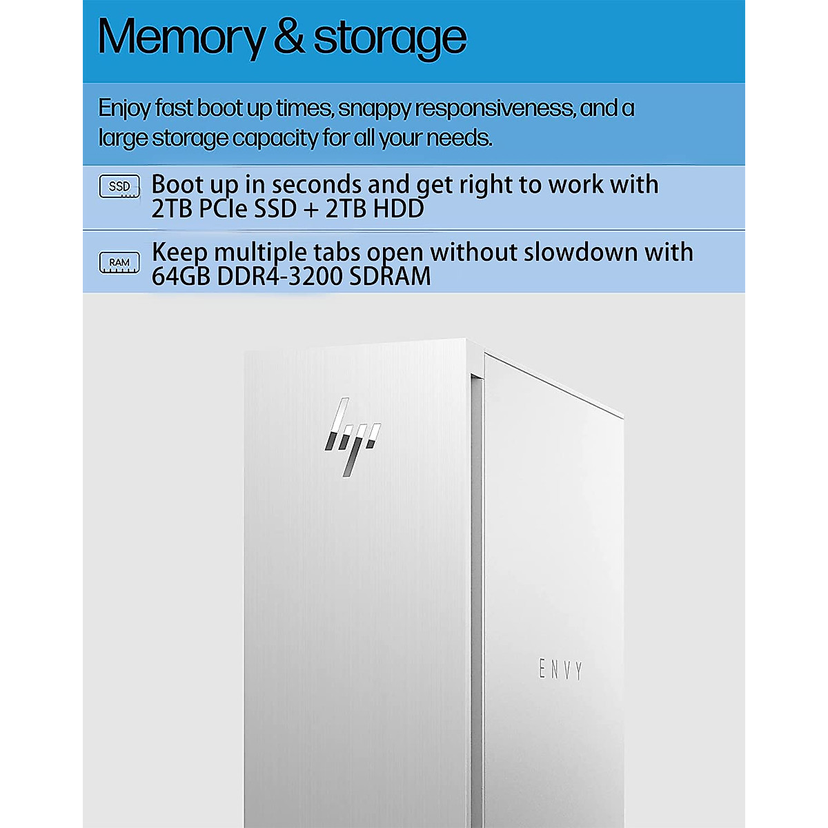 HP Envy Gaming Desktop, Intel Core i9-12900 Processor, 64GB DDR4 RAM, 2TB PCIe SSD + 2TB HDD, NVIDIA GeForce RTX 3070 8G DDR6, Win 11 Pro, White, 32GB Hotface USB Card