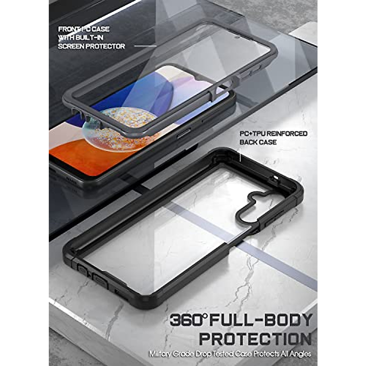 Poetic Guardian Case Compatible with Galaxy A14 5G [20FT Mil-Grade Drop Tested], Full-Body Hybrid Shockproof Protective Rugged Clear Cover Case with Built-in Screen Protector, Black/Clear