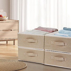 OVAKIA Foldable Storage Bins 4-Pack Fabric Closet Organizer With Handle Rectangle Storage Baskets For Bedrooms Closet Shelves Open-top Storage Boxes For Clothing Books Toys (Beige)