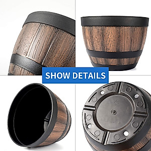 Quarut 9 Inch Plant Pots with Drainage Holes & Saucer,2 Pack Decor Flower Pots Canbe Used for Indoor Outdoor.Resin Whiskey Barrel Planters Imitation Wooden Barrel Design,Lightweight,no Fade.(Brown)