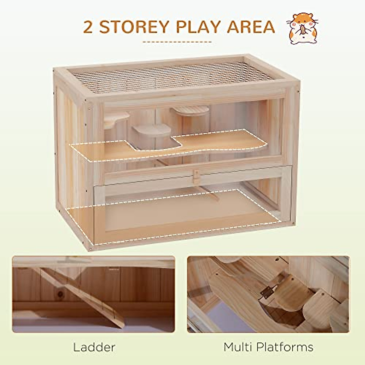 PawHut 2-Level Hamster Cage Mice and Rat House, Small Animal Habitat for Guinea Pigs, Chinchillas with Openable Top, Front Door, Shelf and Ladder