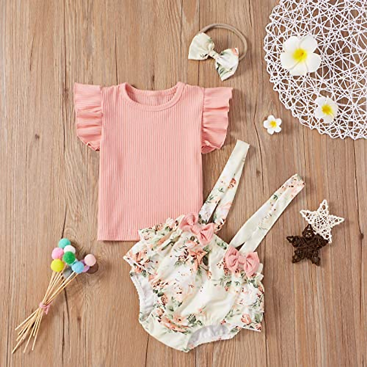 koramesis Baby Girl Outfits Set Toddler Ruffle Sleeve Lace Floral Romper with Denim Flared Jeans Outfits 3Pcs Clothes Set (Pink, 6-12 Months)