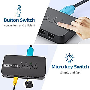 4K HDMI KVM Switch, 4 Port HDMI USB Switch for 4 Computer Share a 4K@30Hz Monitor and 3 USB Device Keyboard Mouse Printer, Including 4 KVM Cables