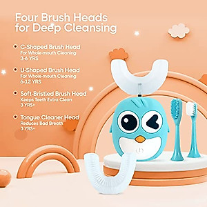 OKKOSTAR Electric Auto Toothbrush Kids U Shaped Toothbrush Set with 4 Brush Heads, BPA Free CPSIA Compliant, Kids 360 Toothbrush, Auto Brushes for Teeth Kids, Age 3-12