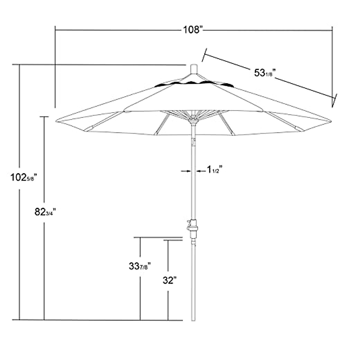 California Umbrella 9' Round Aluminum Market Umbrella, Crank Lift, Collar Tilt, White Pole, White Olefin