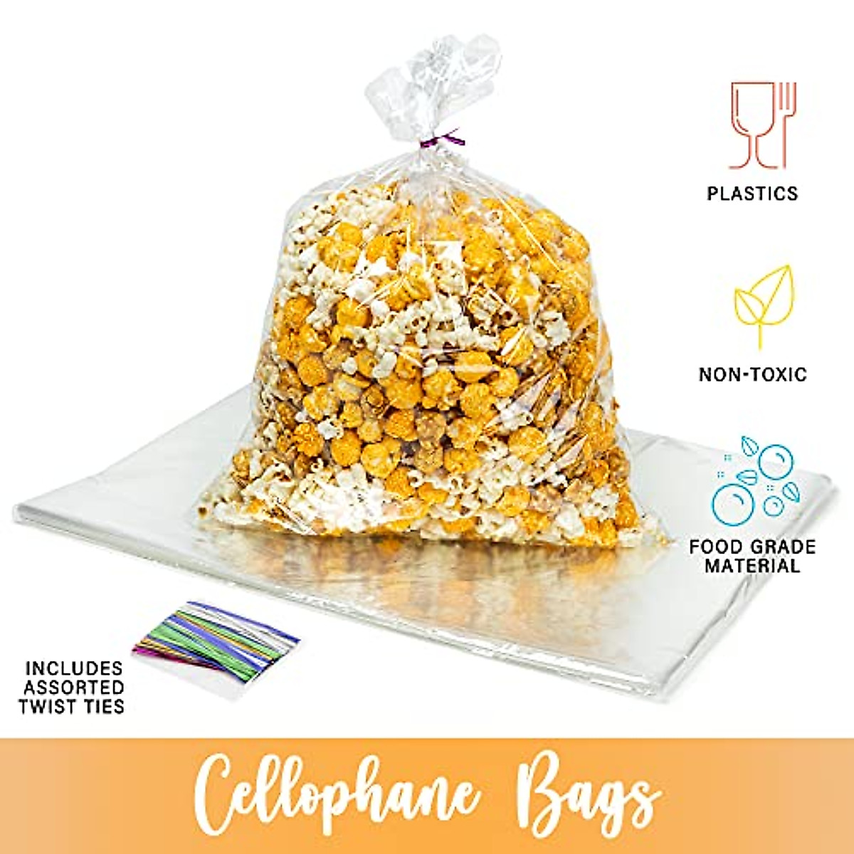 TATTI 100 Pack Clear Plastic Large Cellophane Bags 12x16 With 4inches Twist Ties, Plastic Cello Bags 1.4 mils for Cookies Candy Gift Birthday Party Favor (Pack of 100)