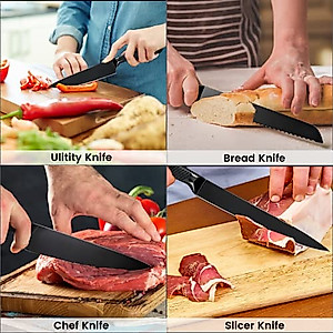 Knife Set,18 Pieces Kitchen Knife Set with Wooden Block,High Carbon German Stainless Steel Knife Block Set,Ultra Sharp, Full-Tang Design with Black Coating