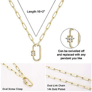 Turandoss 14K Gold Plated Shiny CZ Oval Screw Clasp Link Chain Simple Choker Paperclip Link Necklaces for Women