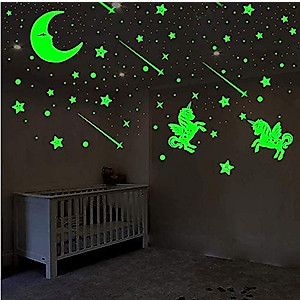382 Pcs Glow in The Dark Stars Wall Stickers, Glowing Stars for Ceiling and Wall Decals, 3D Glowing Stars Moon Unicorn for Kids Boys Girls Bedding Room Decoration or Party Birthday Gift