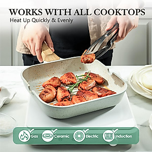 SENSARTE Nonstick Ceramic Grill Pan for Stove Tops, Versatile Square Grilling Pan with Pour Spouts, Durable Grill Skillet for All Stoves, Steak Pan Bacon Pan, Non Toxic-PTFE,PFAS,PFOA Free, 11 Inch