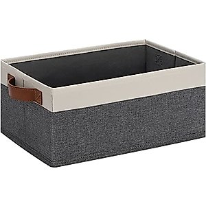 GhvyenntteS Small Storage Basket with Leather Handles, Fabric Storage Bin Baskets for Organizing, Foldable Fabric Storage Baskets for Shelves, Closets, Home, Office (Grey/White, 11.8" x 7.87" x 5.11")