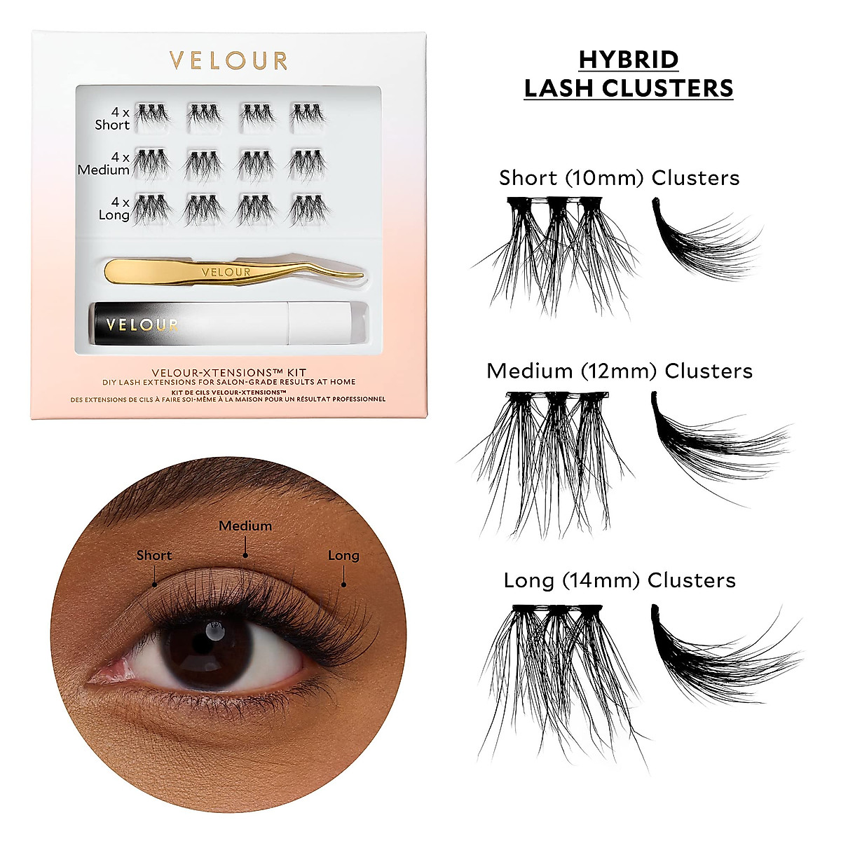 Velour-Xtensions™ Lash Clusters Kit - DIY Lash Extension Kit at Home, Salon Quality Lashes in 10 Minute – Includes 12 Eyelash Clusters (10mm-14mm) + Lash Bond + Lash Applicator – Individual Lashes Kit