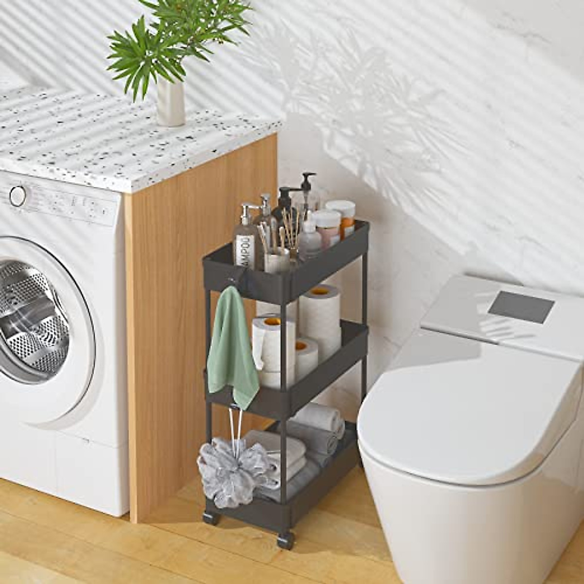 Boeeoan 3 Tier Rolling Utility Storage Cart, Mobile Shelving Organizer with Hooks for Kitchen Bathroom Laundry Room Living Room, Black