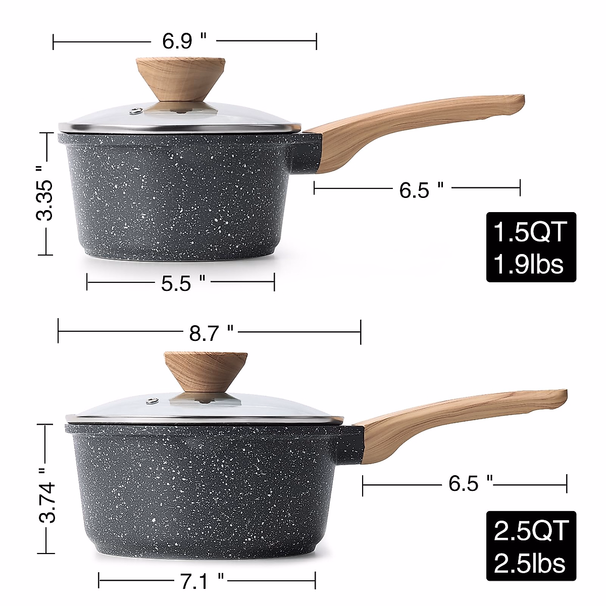 Kordisen Sauce Pan Set with Lid, 1.5QT & 2.5QT Non Stick Small Pot with Granite Coating, Saucepan with Pour Spout, Multipurpose Handy Induction Pot, Cooking Pot, PFOA/PFOS Free