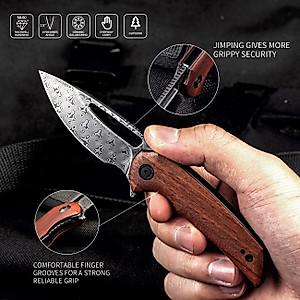CIVIVI Odium Small Damascus Folding Knife –2.65" Flipper Pocket knife for EDC Camping, Cuibourtia Wood Handle, Ball Bearings Pivot, Reversible Deep Carry Clip C2010DS-1