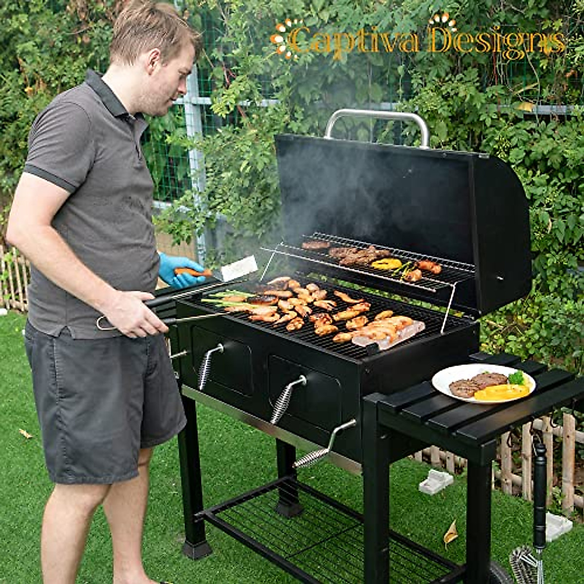 Captiva Designs Extra Large Charcoal BBQ Grill with Oversize Cooking Area(794 sq.in.), Outdoor Cooking Grill with 2 Individual Lifting Charcoal Trays and 2 Foldable Side Tables