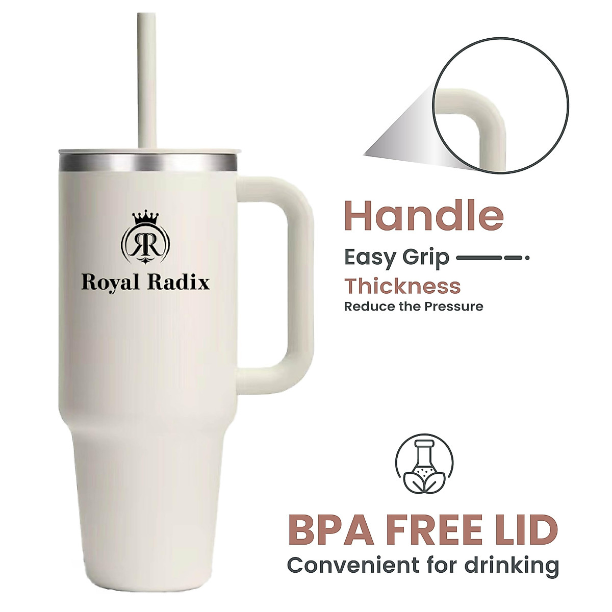 Royal Radix 40oz Insulated Tumbler with Handle & Straw, Stainless Steel Travel Mug, Leak-Proof, Hot & Cold Beverage Cup, BPA-Free, Dishwasher Safe, for Coffee & Water