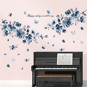 Removable Blue Peach Flowers Wall Decals 3D Cherry Blossom Floral Tree Branches Butterfly Wall Stickers DIY Flowers Butterfly Plants Wall Decor for Kids Bedroom Living Room Nursery Playroom DT-4956