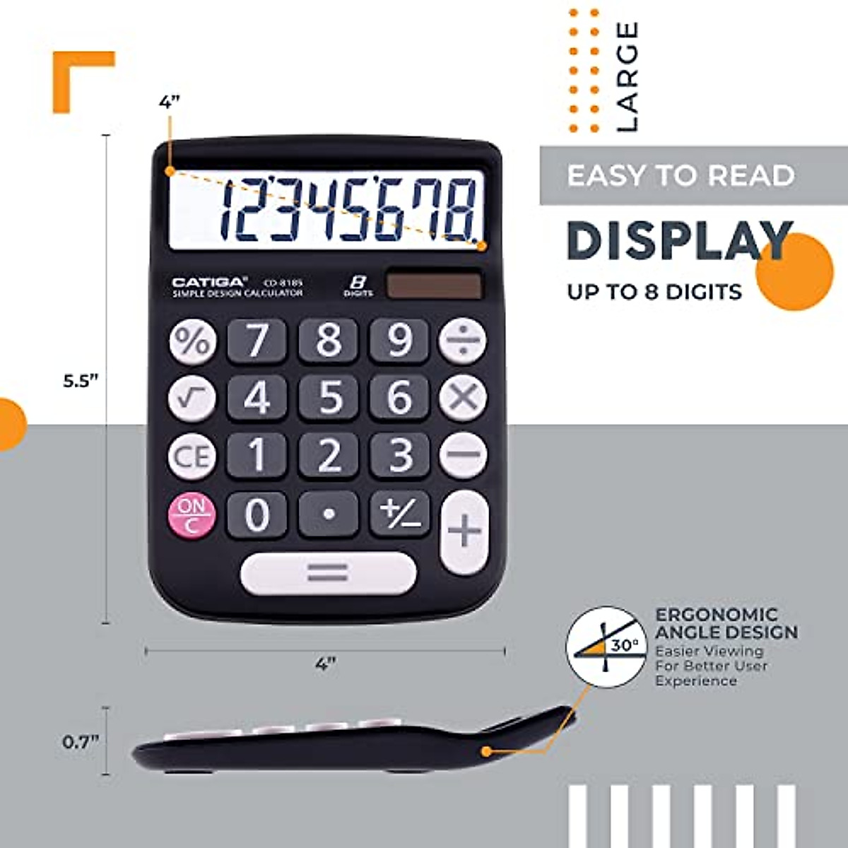 Desktop Calculator 8 Digit with Solar Power and Easy to Read LCD Display, Big Buttons, for Home, Office, School, Class and Business, 4 Function Calculators, with Battery, CD-8185