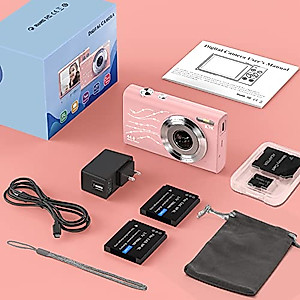 Digital Camera Auto Focus 2.7K Vlogging Camera HD 48MP 16X Digital Zoom Camera with 32G Memory Card 2 Batteries & Charger YouTube Portable Mini Compact Camera for Kids Teens Adult Beginner Pink