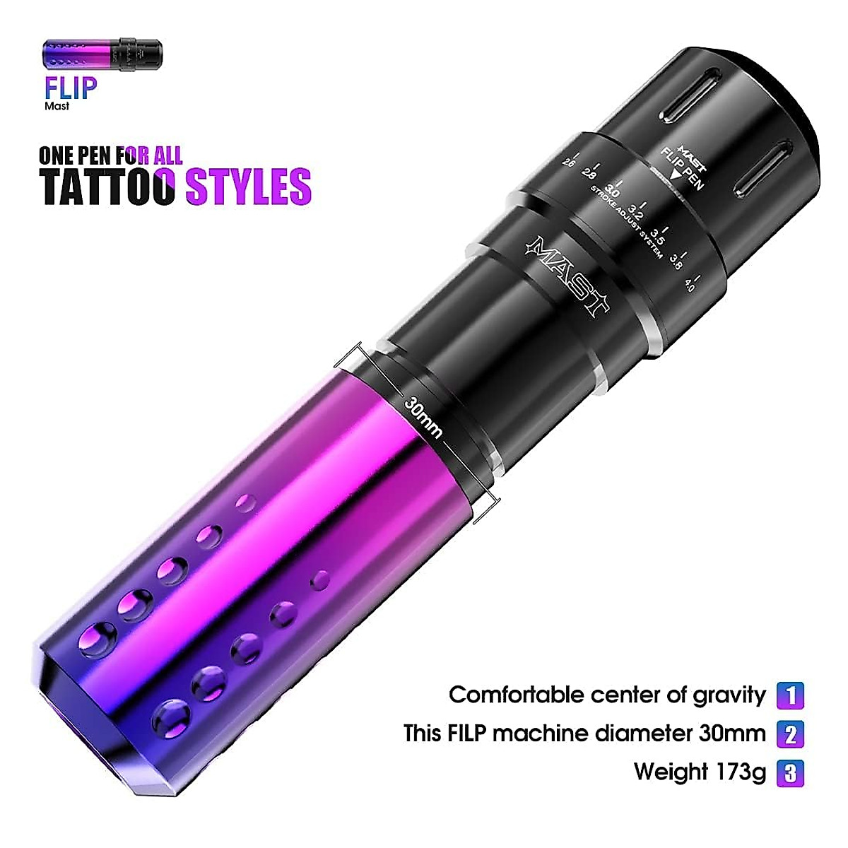 Mast Tattoo Gun Kit Flip Wireless Tattoo Machine 7 Strokes Length Tattoo Kit 2 Batteries Power Supply 20 Pro Tattoo Needles Cartridges Purple Color