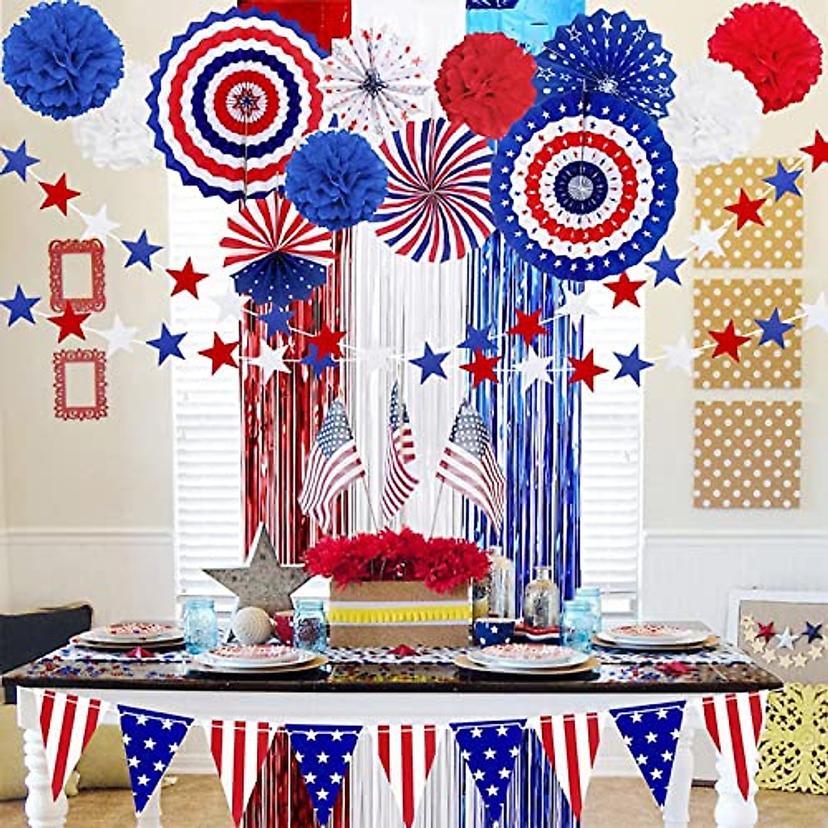 4th of July Party Decorations, Star Streamer, Independence Day American Flag Hanging Paper Fans, Foil Fringe Curtain, Pompoms Flowers Balloons for Patriotic Party Decorations Set