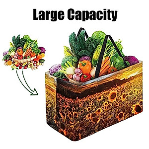 KQNZT Reusable Grocery Bags, Large Foldable Reusable Shopping Tote Bags Bulk for Groceries, Waterproof Kitchen Cloth Produce Bags with Long Handles, Sunrise Sunflower