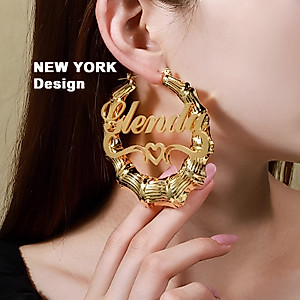 HAOQINA Custom Name Earrings Personalized Bamboo Hoop Earrings 18K Gold Plated Customize Earrings for Women Hip-Hop Fashion Jewelry Gift