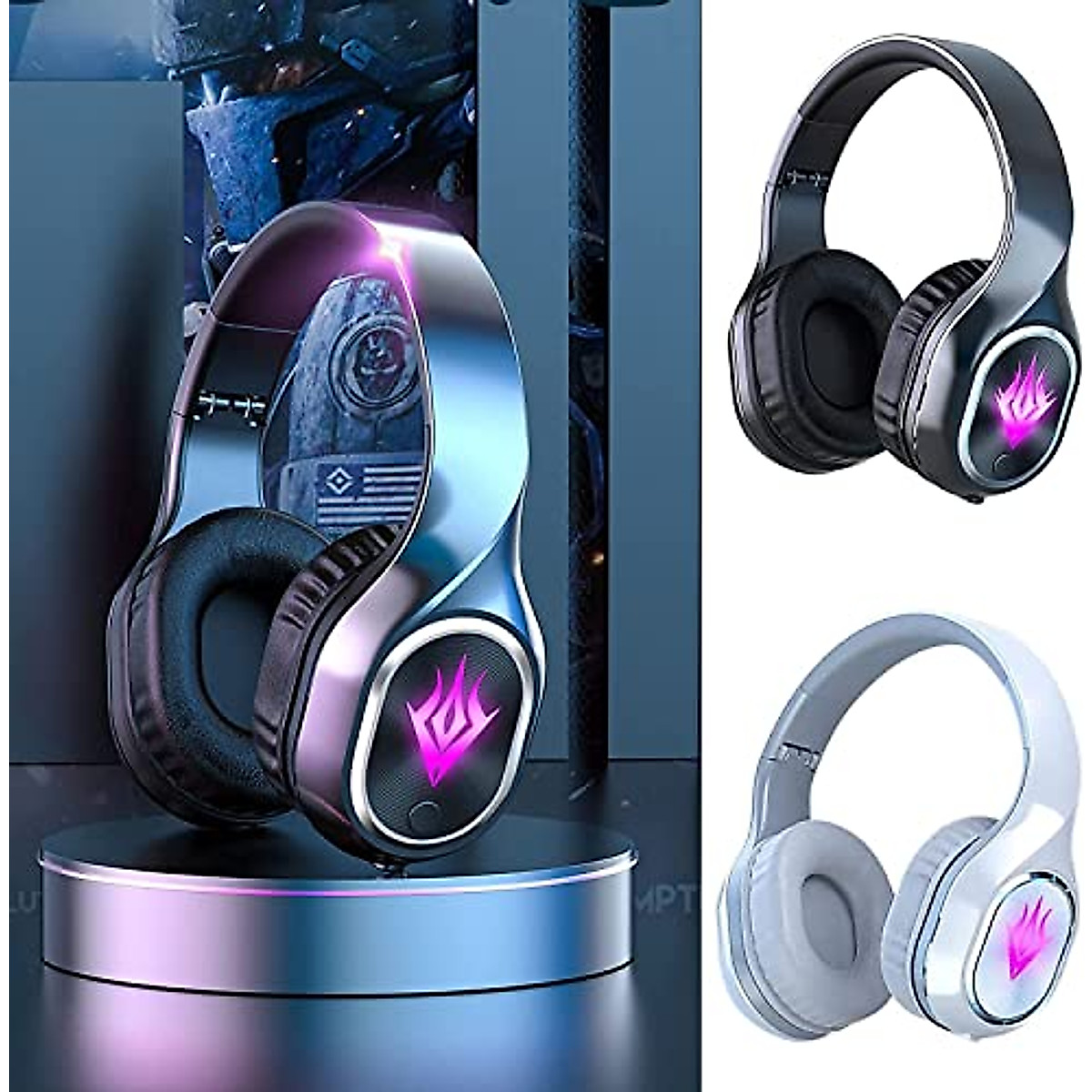 MEGCCR Bluetooth 5.2 Headset Sports Games Music Night Light Dual Mode Headphones 360 ° Hi-Fi Stereo Sound 40mm Composite Diaphragm Suitable for Sports Driving Fitness for iOS Android System (Black)